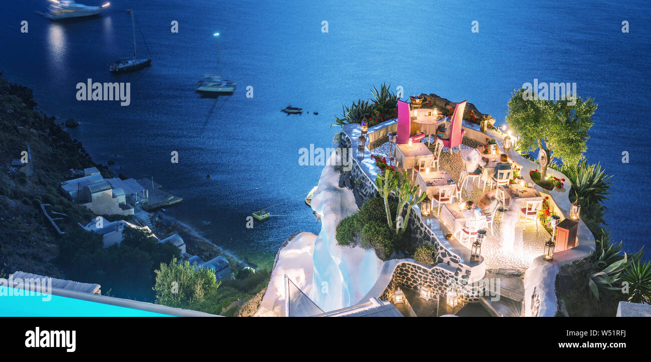 Restaurant terrace over the ocean at night. Luxury and holiday concept ...
