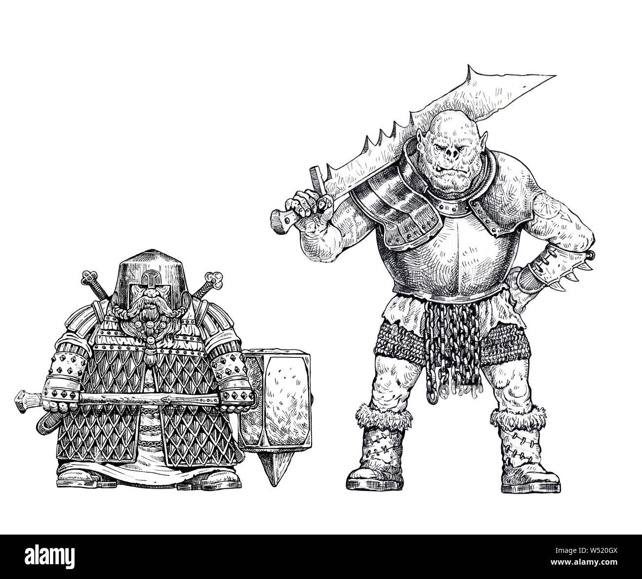 Orc and dwarf drawing. Fantasy illustration. Orc with ax Stock Photo ...