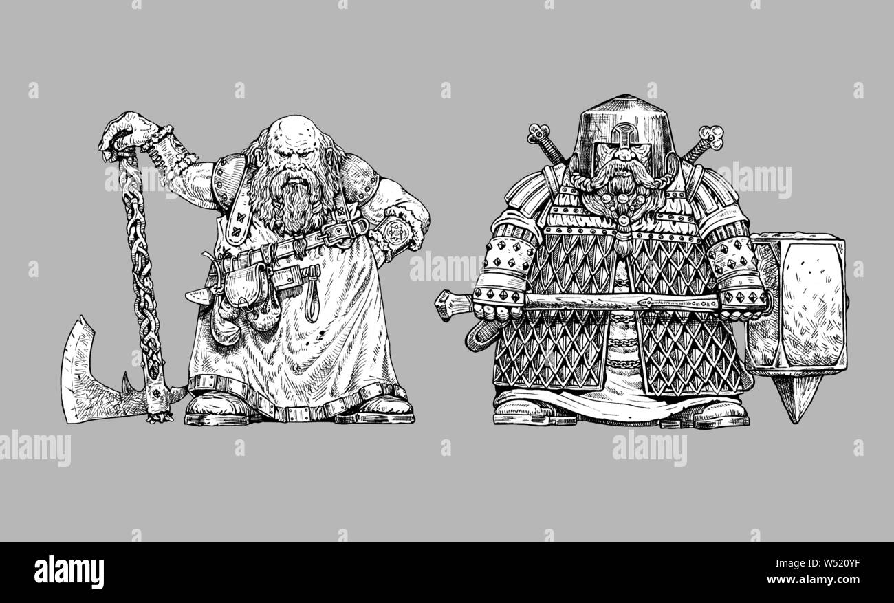 Dwarves warriors drawing. Ink fantasy illustration. Dwarf with ax Stock ...