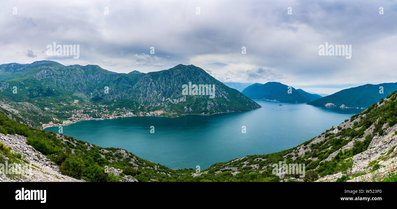 Montenegro, XXL panorama view over risan town in kotor bay at waterside ...