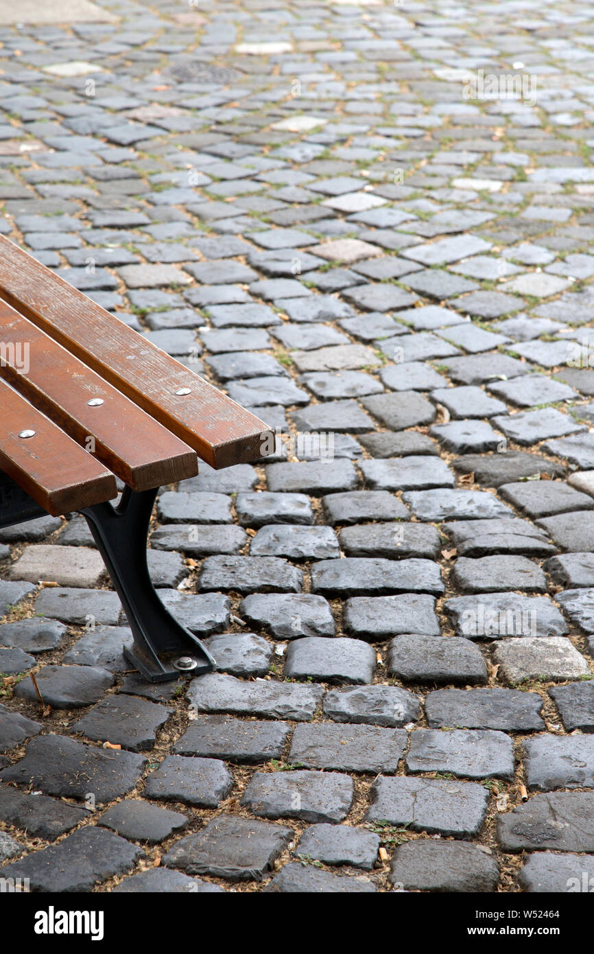 Wooden Bench on Cobblestone, Background, Frankfurt, Germany Stock Photo ...