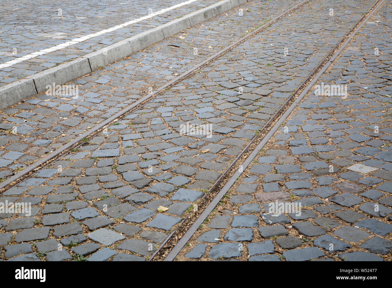 Railway Track on Cobblestone Background, Frankfurt, Germany Stock Photo ...