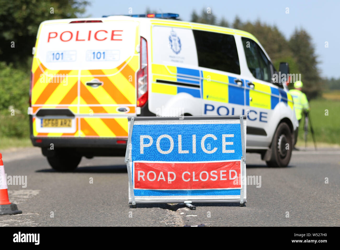 Inverness, UK, 26 July 2019. Police road closed sign and police van at ...
