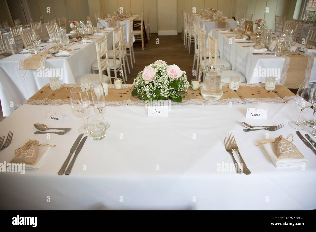 Wedding day reception tables, decorated wedding day tables, no people ...