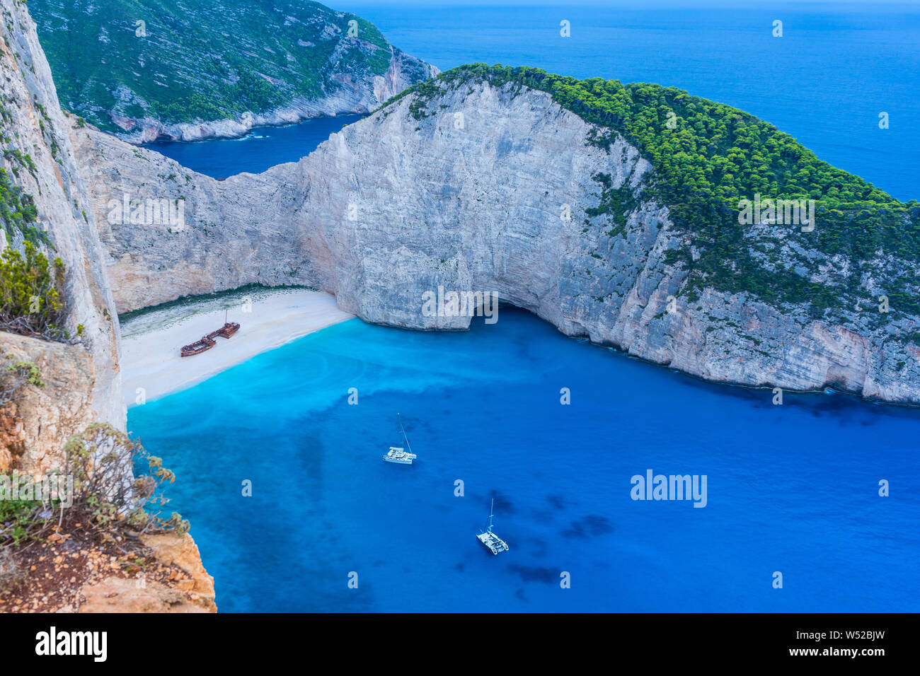 Greece, Zakynthos, Magic navagio beach or shipwreck beach bay in blue ...