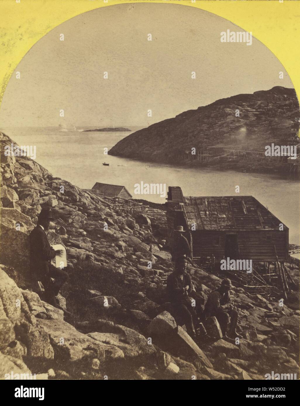 Labrador. Venison Island. Harbor looking North, Icebergs in distance ...