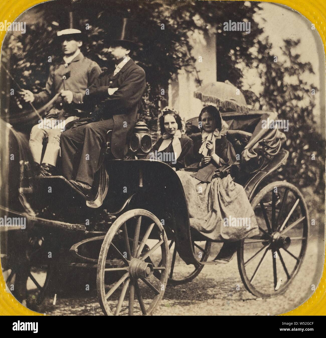 Two ladies in horse-drawn coach with two men in top hats as their ...
