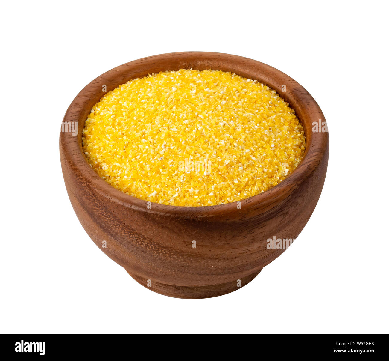 Corn grits isolated, cornmeal in wooden bowl on white background with ...