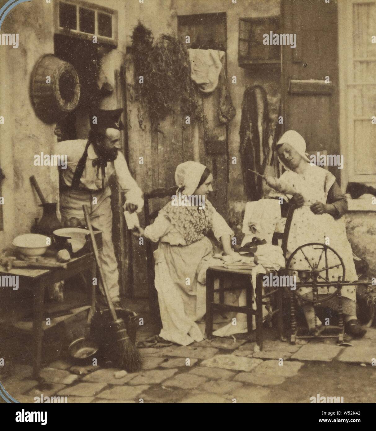 Sewing scene: two women with thread and machine, man handing one of the ...