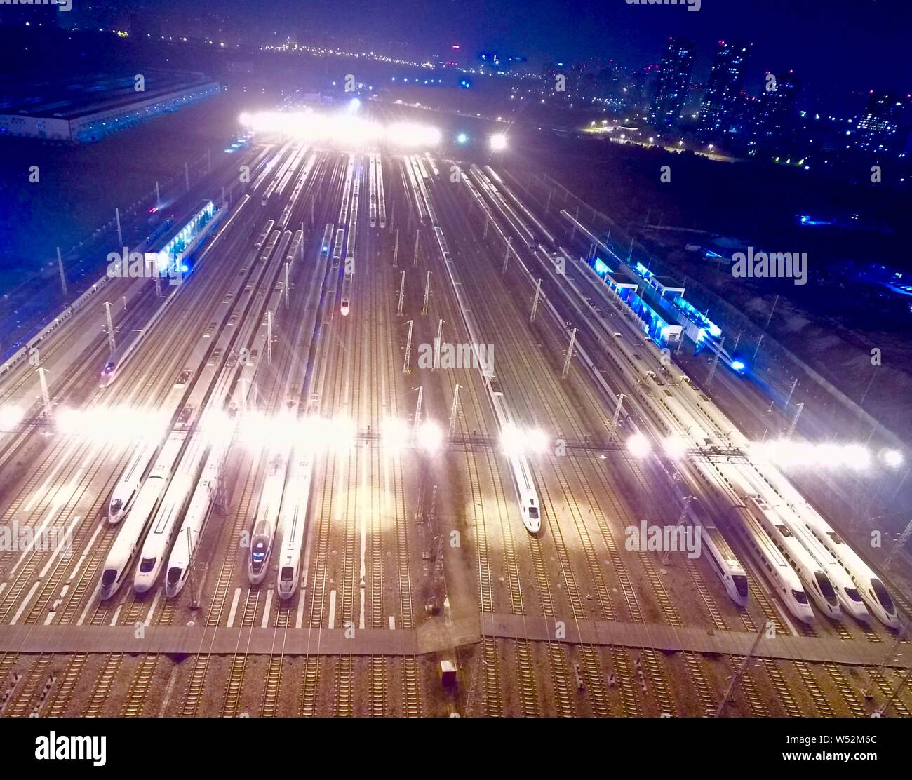 Aerial view of CRH (China Railway High-speed) bullet trains in full ...
