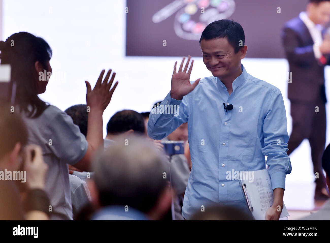 Jack Ma or Ma Yun, Chairman of Alibaba Group, gives a lesson to village ...