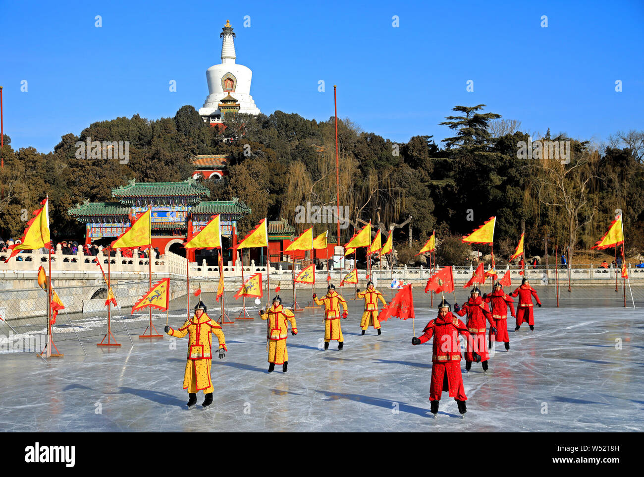 Entertainers dressed in helmets and armor in the style of Manchu ...