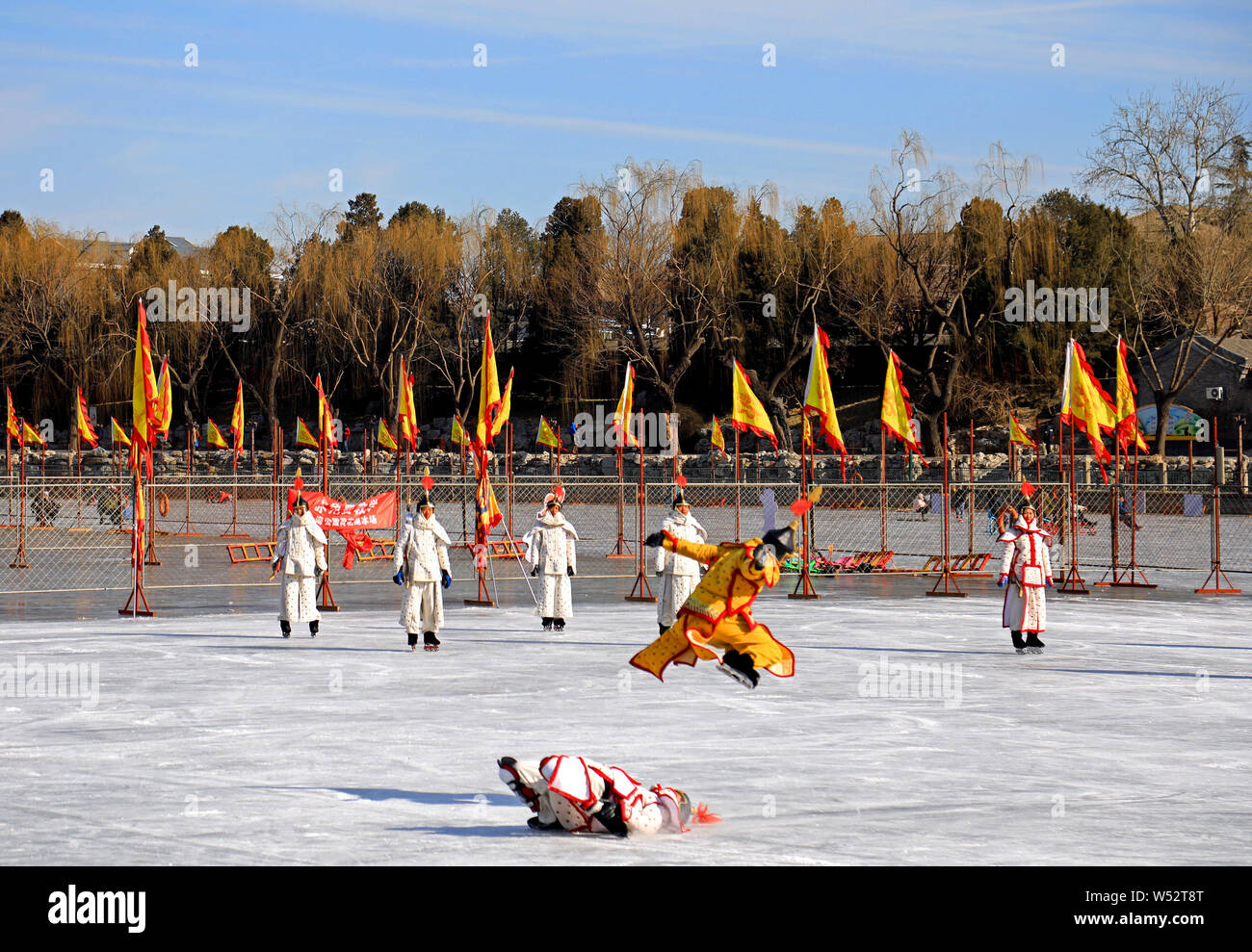 Entertainers dressed in helmets and armor in the style of Manchu ...