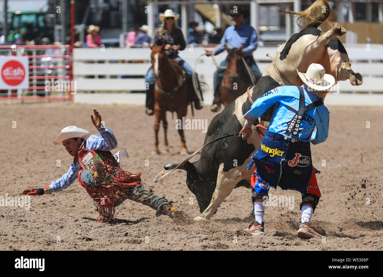 Cheyenne, USA. 25th July, 2019. A rider falls down during the bull ...