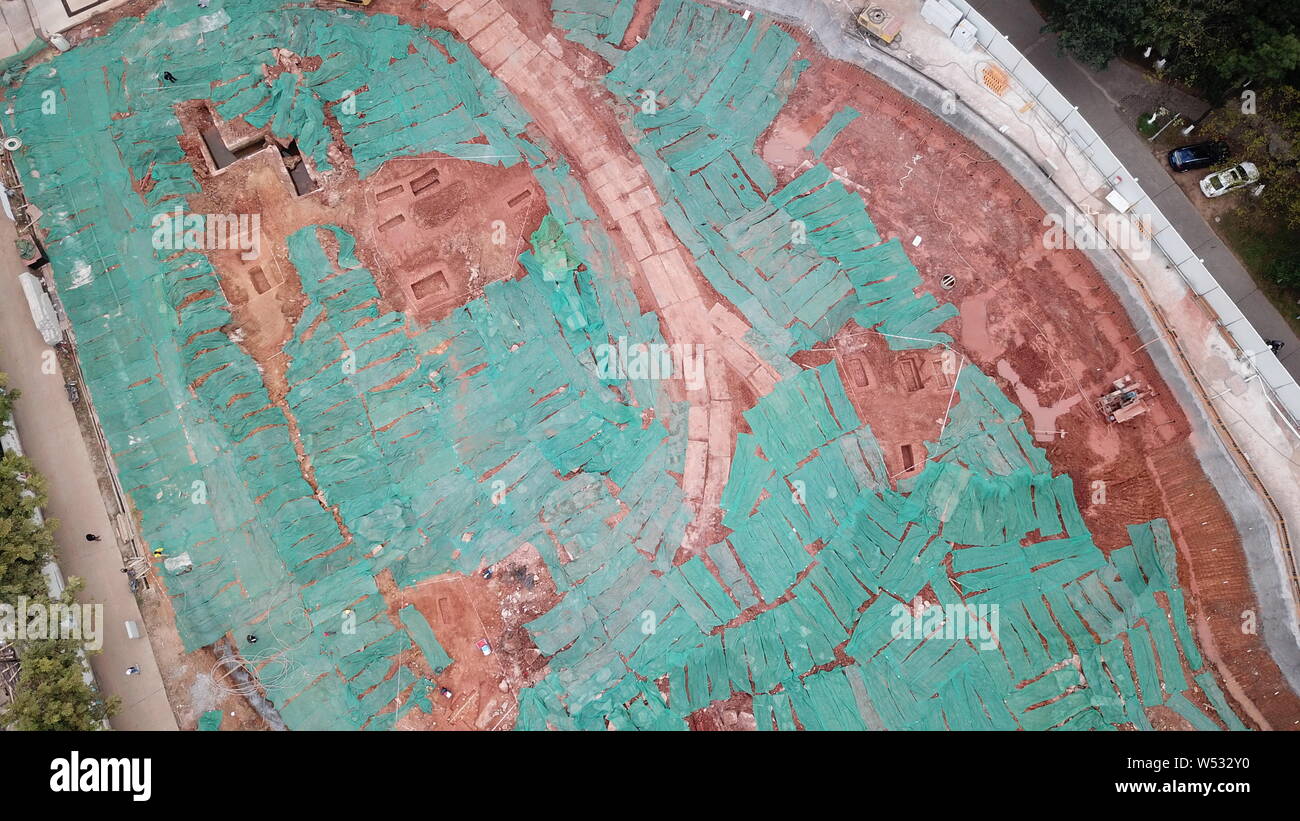 An aerial view of ancient tombs dating back to Eastern Han Dynasty ...