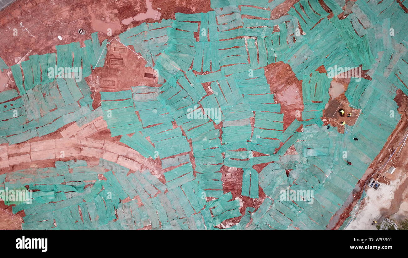 An aerial view of ancient tombs dating back to Eastern Han Dynasty ...