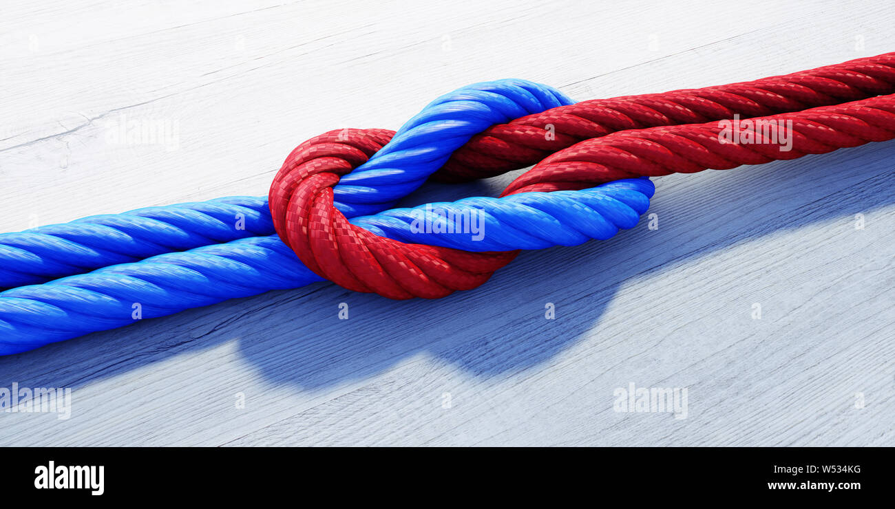 Blue und red reef knot or square knot on dark wood - 3D illustration ...