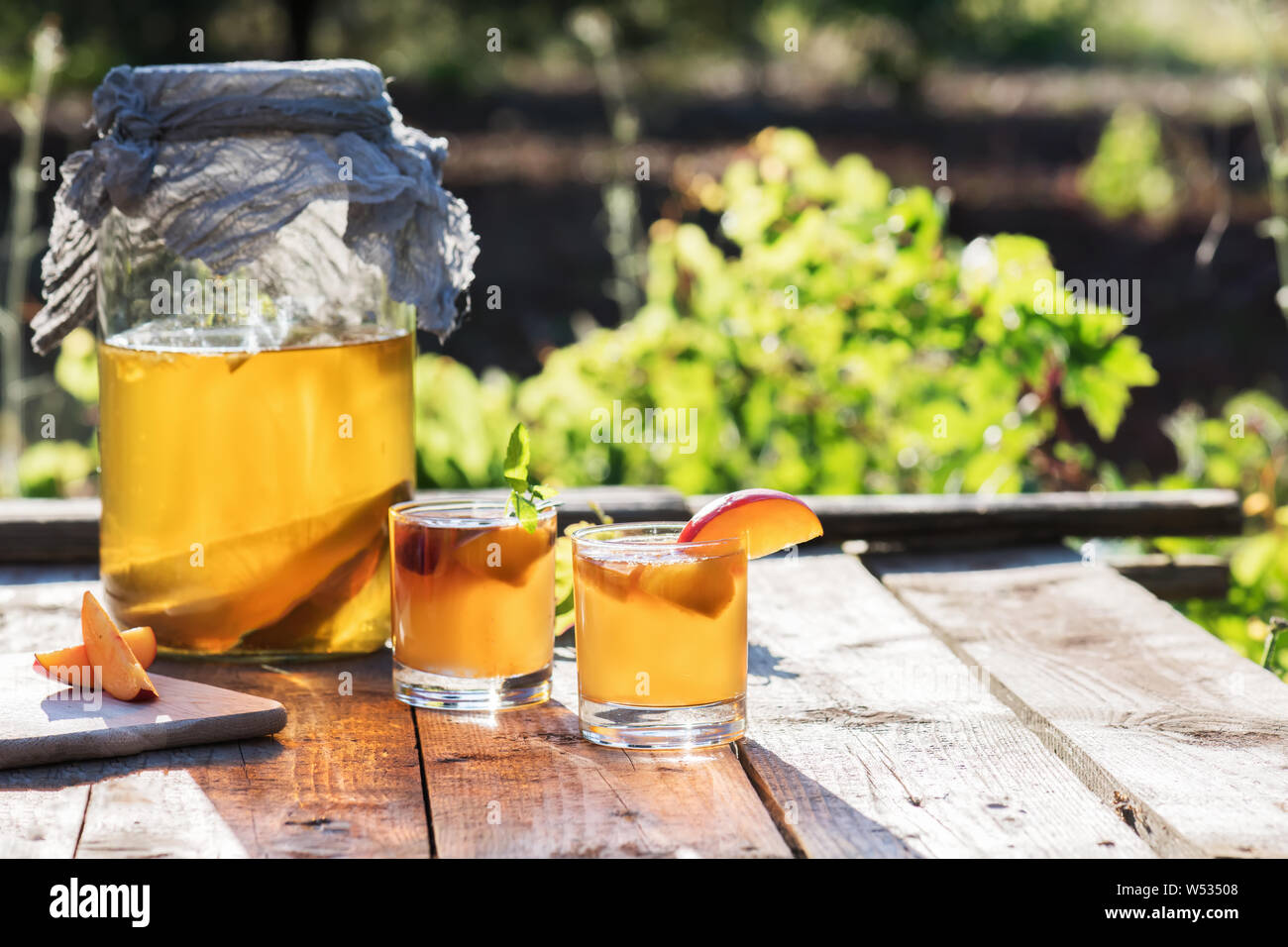 Homemade Fermented Raw Kombucha Tea With Peach Healthy Natural