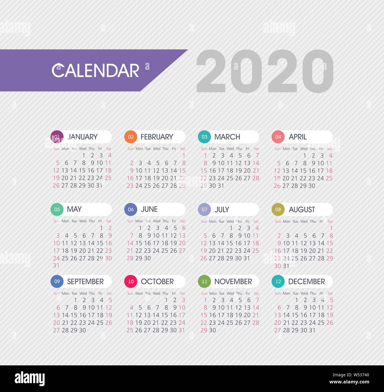 Calendar 2020 year. Color vector template. Week starts on Sunday. Basic ...