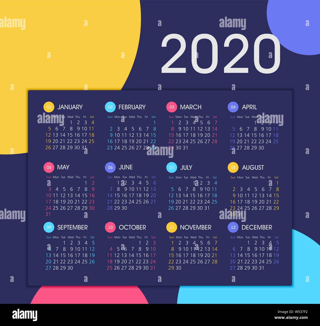 Calendar 2020 year. Color vector template. Week starts on Sunday. Basic ...