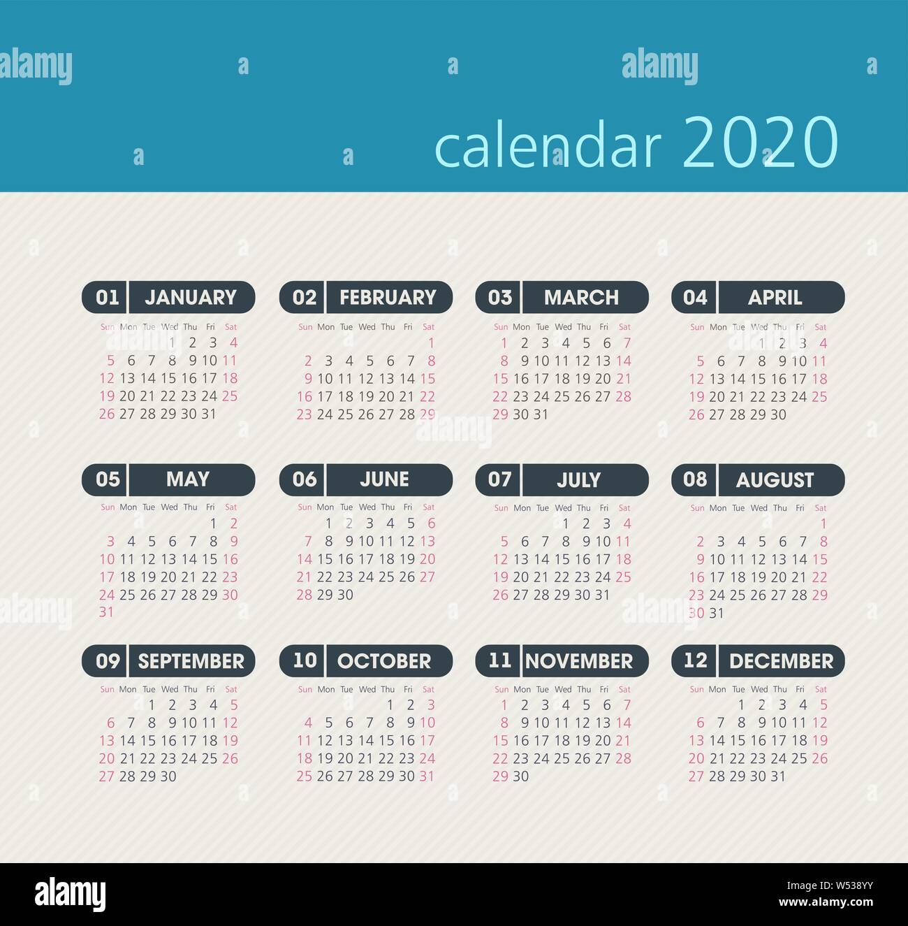 Calendar 2020 year. Color vector template. Week starts on Sunday. Basic ...