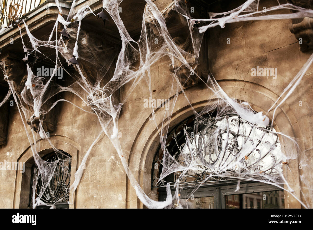 Spooky spider web on building facade in city street, holiday decoration ...