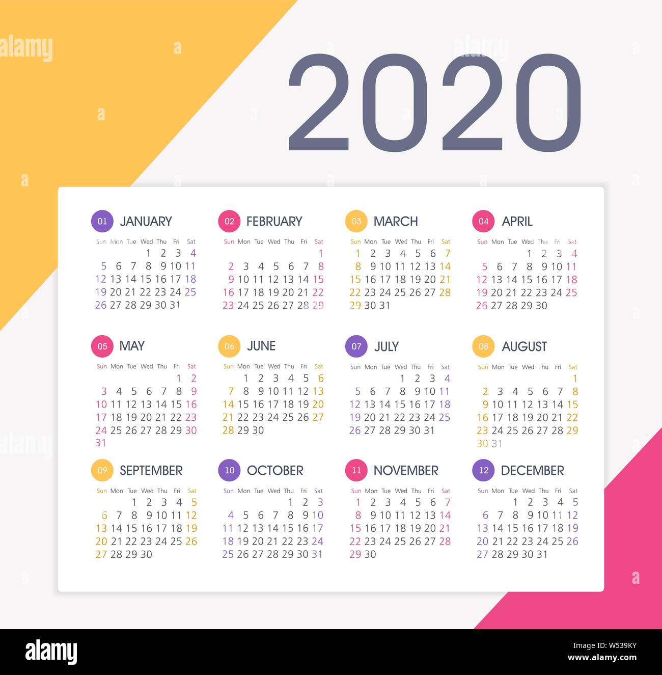 Calendar 2020 year. Color vector template. Week starts on Sunday. Basic ...
