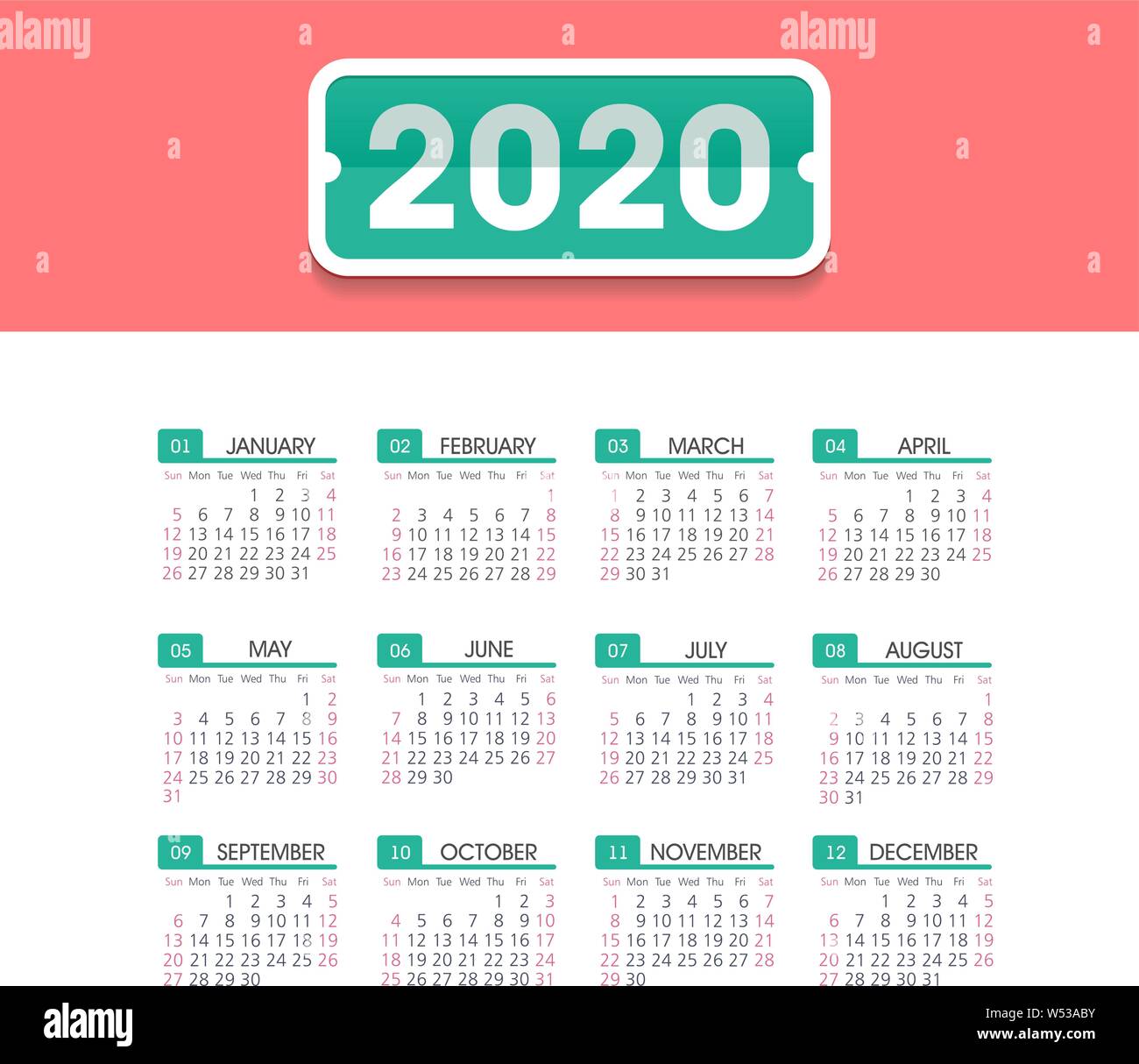 Calendar 2020 year. Color vector template. Week starts on Sunday. Basic ...