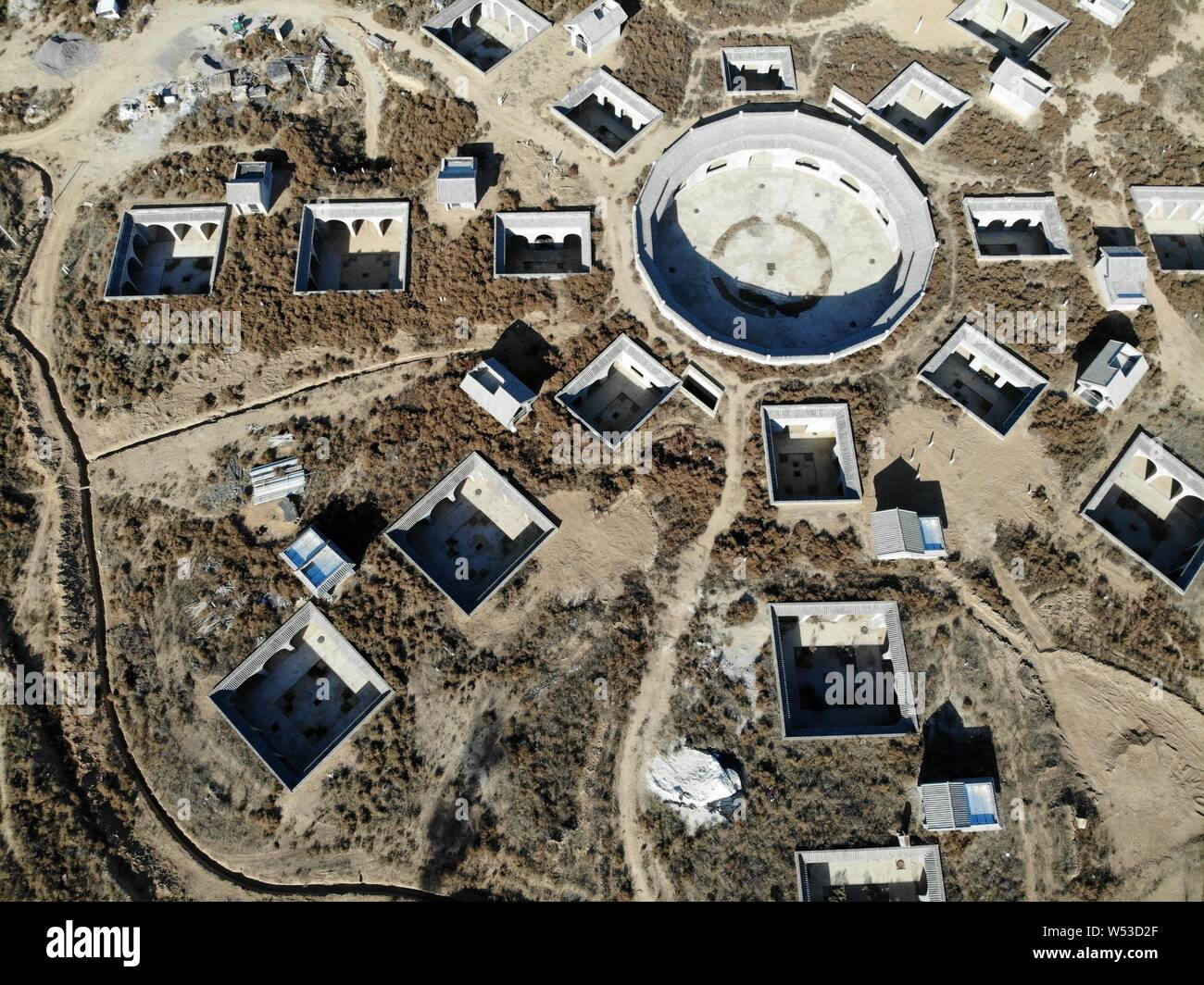 Aerial view of the cave dwelling complex in the shape of Bagua diagram ...
