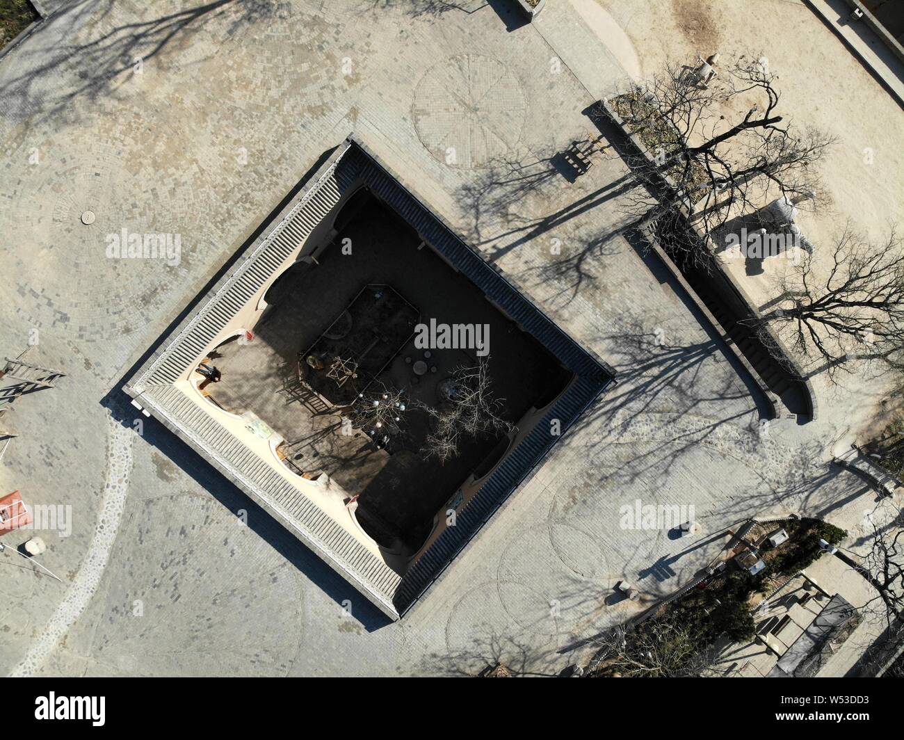 An aerial view of "pit courtyards" built in loess land pits in ...