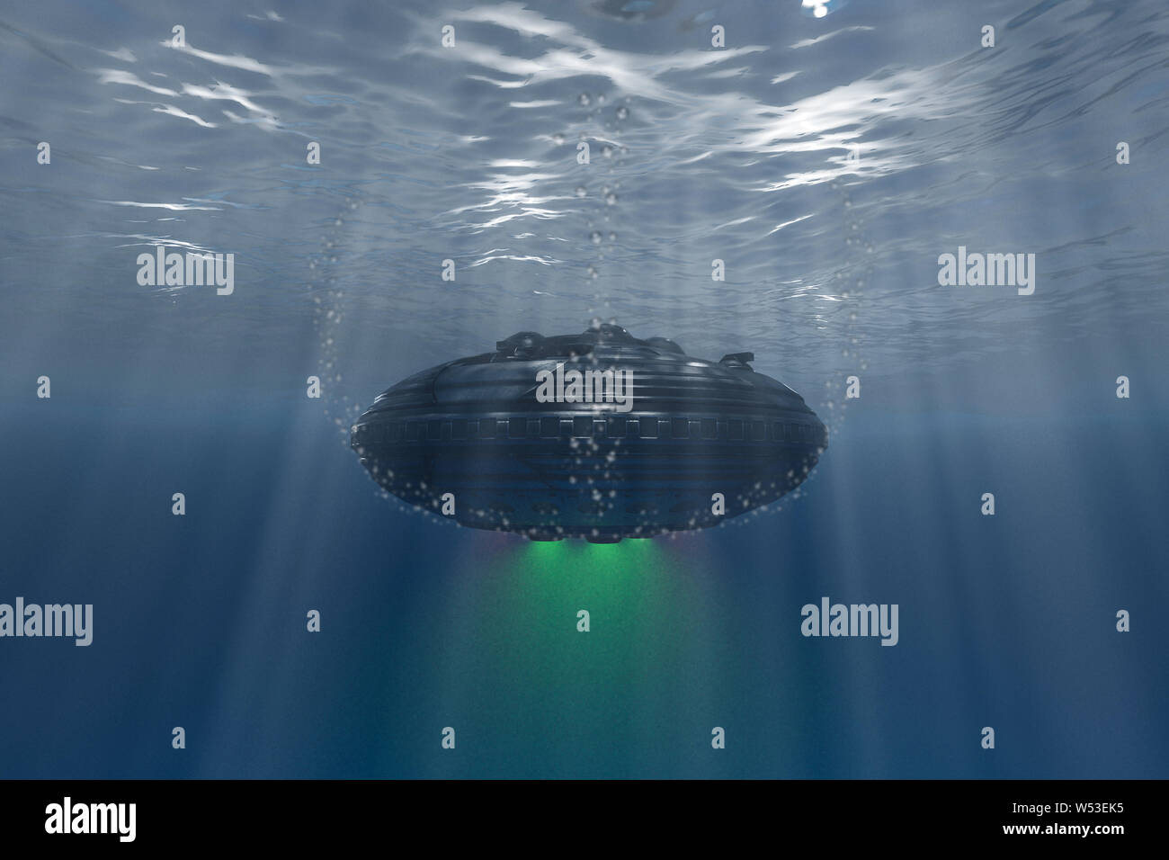 alien spaceship floating underwater 3d illustration Stock Photo - Alamy