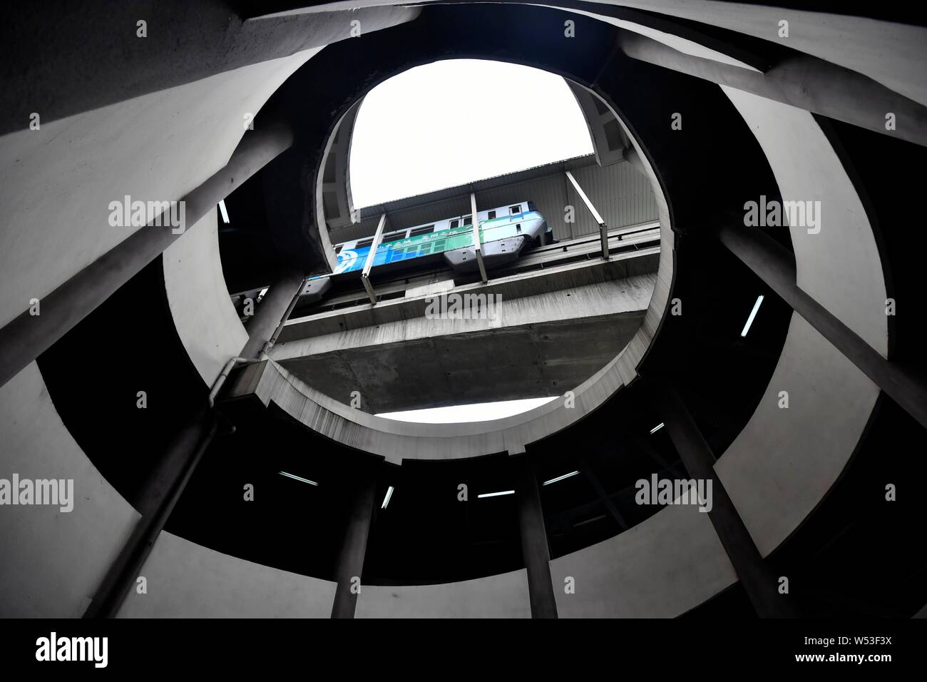 A worm's eye view from the bottom of the five-story spiral parking lot ...