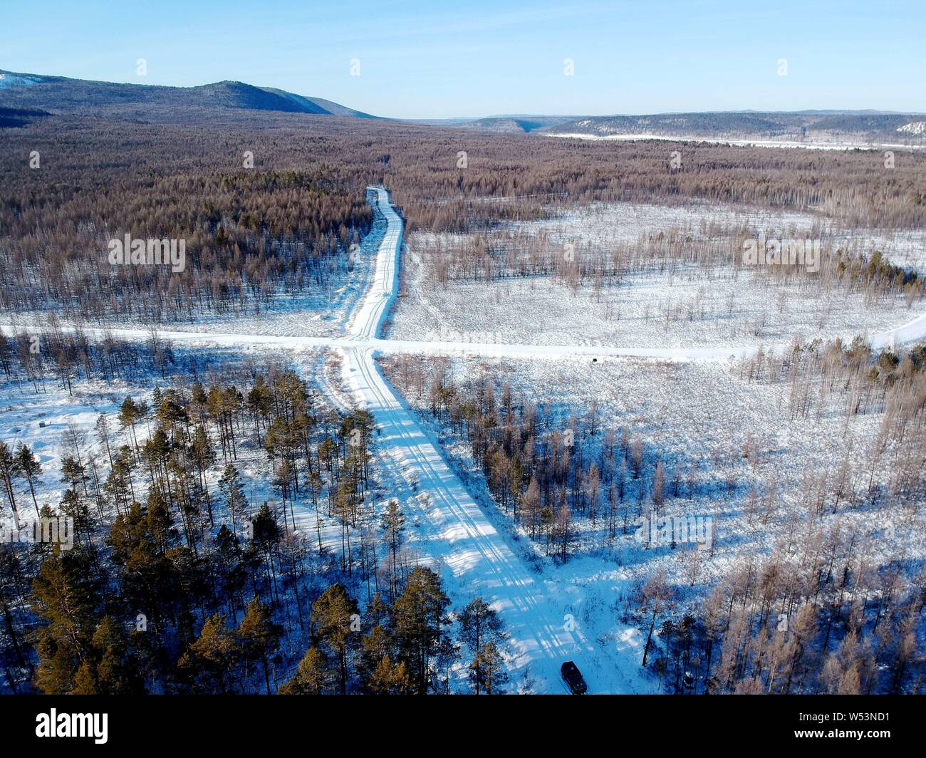Landscape of snow-covered forests at the Greater Khingan Mountain Range ...