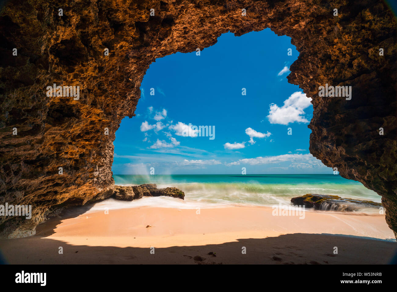 Nature landscape tropical beach Bali from mountain cave. Bali ...