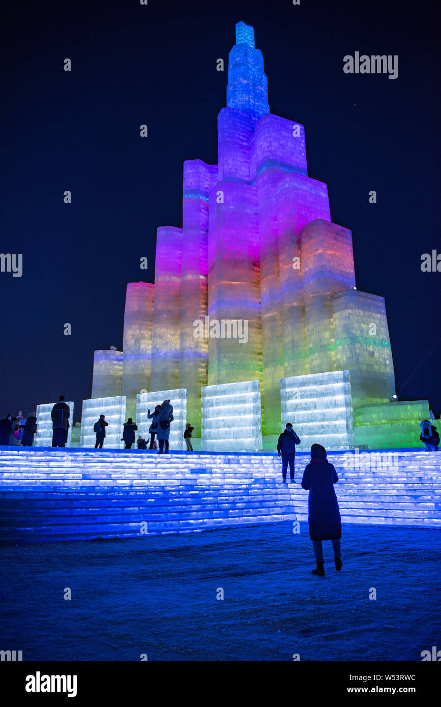 A night view of the illuminated ice sculptures during 20th China Harbin ...