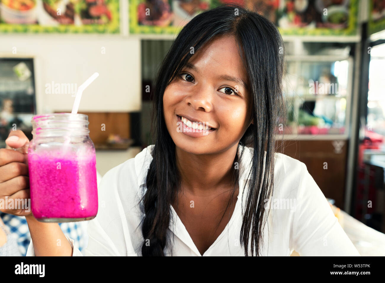 Healthy Lifestyle Concept Beautiful Smiling Vegetarian Woman Drinking Fresh Smoothie Juice With
