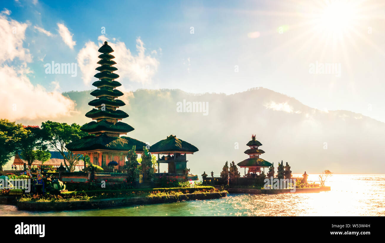Pura Ulun Danu Bratan temple in Bali island. Hindu temple in flowers on ...