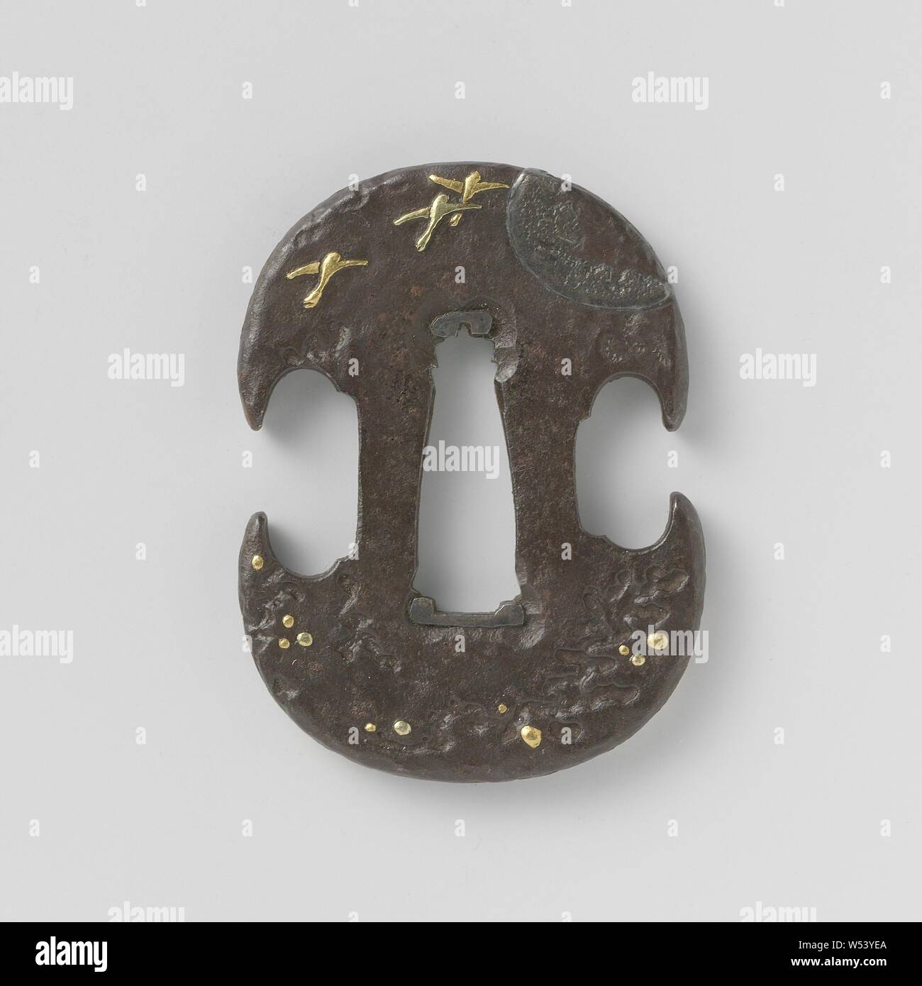 Hand guard, Tsuba in front of a dagger with geese in front of iroe-taka ...