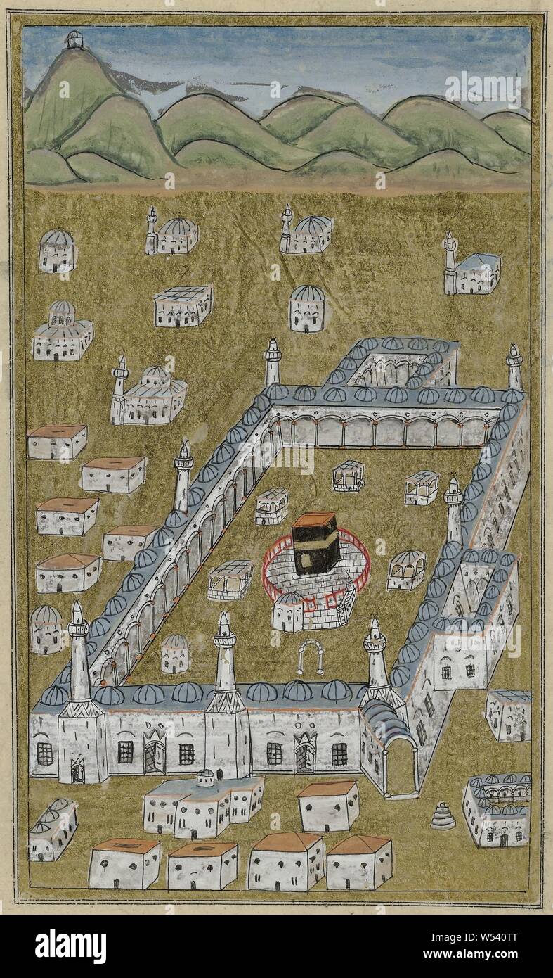 The Kaaba, seen from a bird's eye view, Against a golden background ...