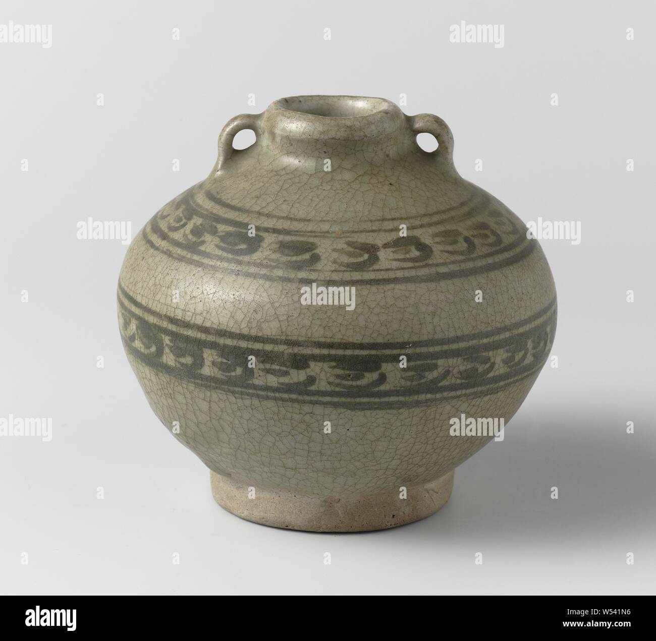Jar with two ornamental borders, Pot of stoneware with a spherical body ...