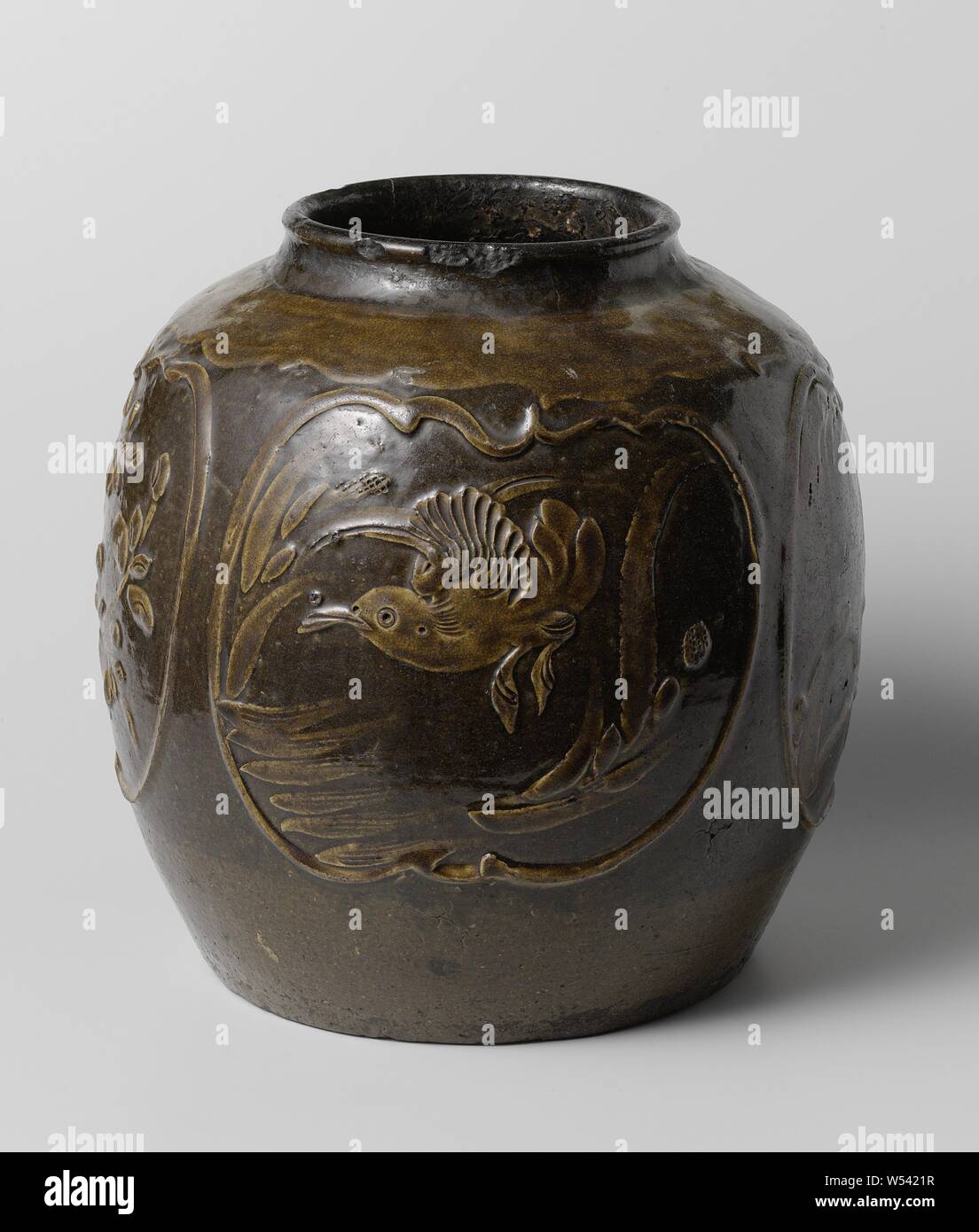 Ovoid jar with birds and flowering plants in panel, Egg-shaped pot of ...