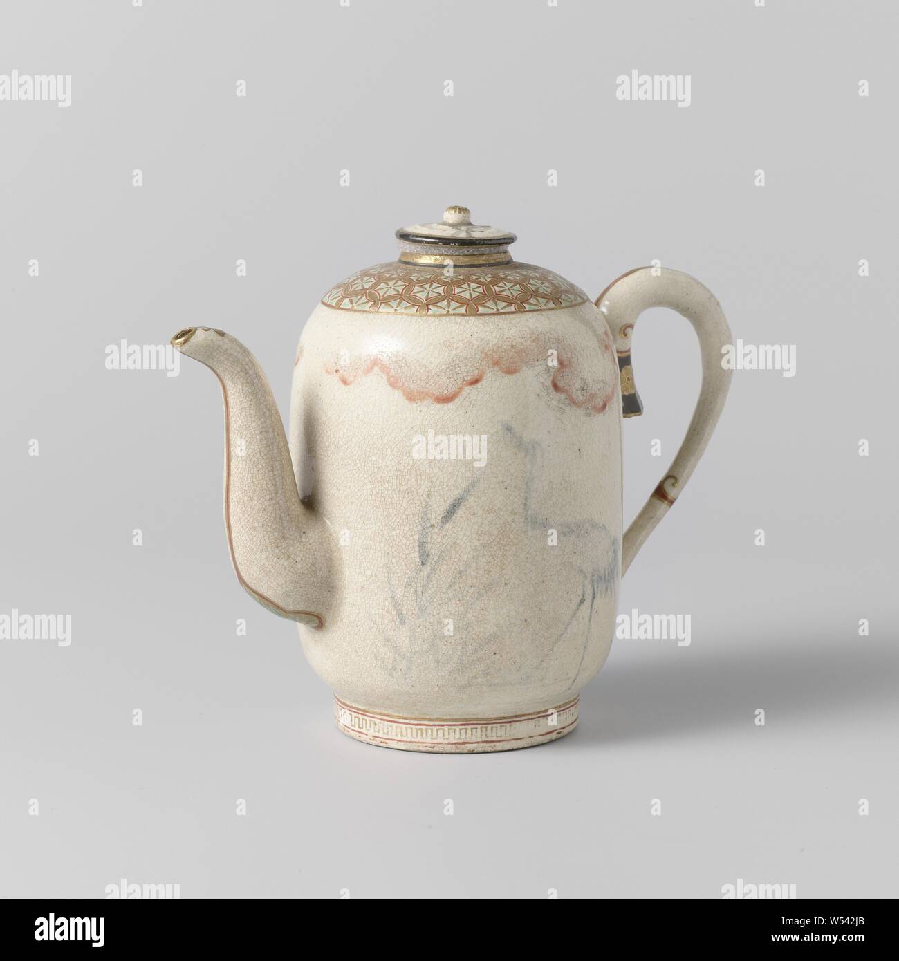 Tea pot with crane, egret and diaper patterns, Teapot of stoneware with ...