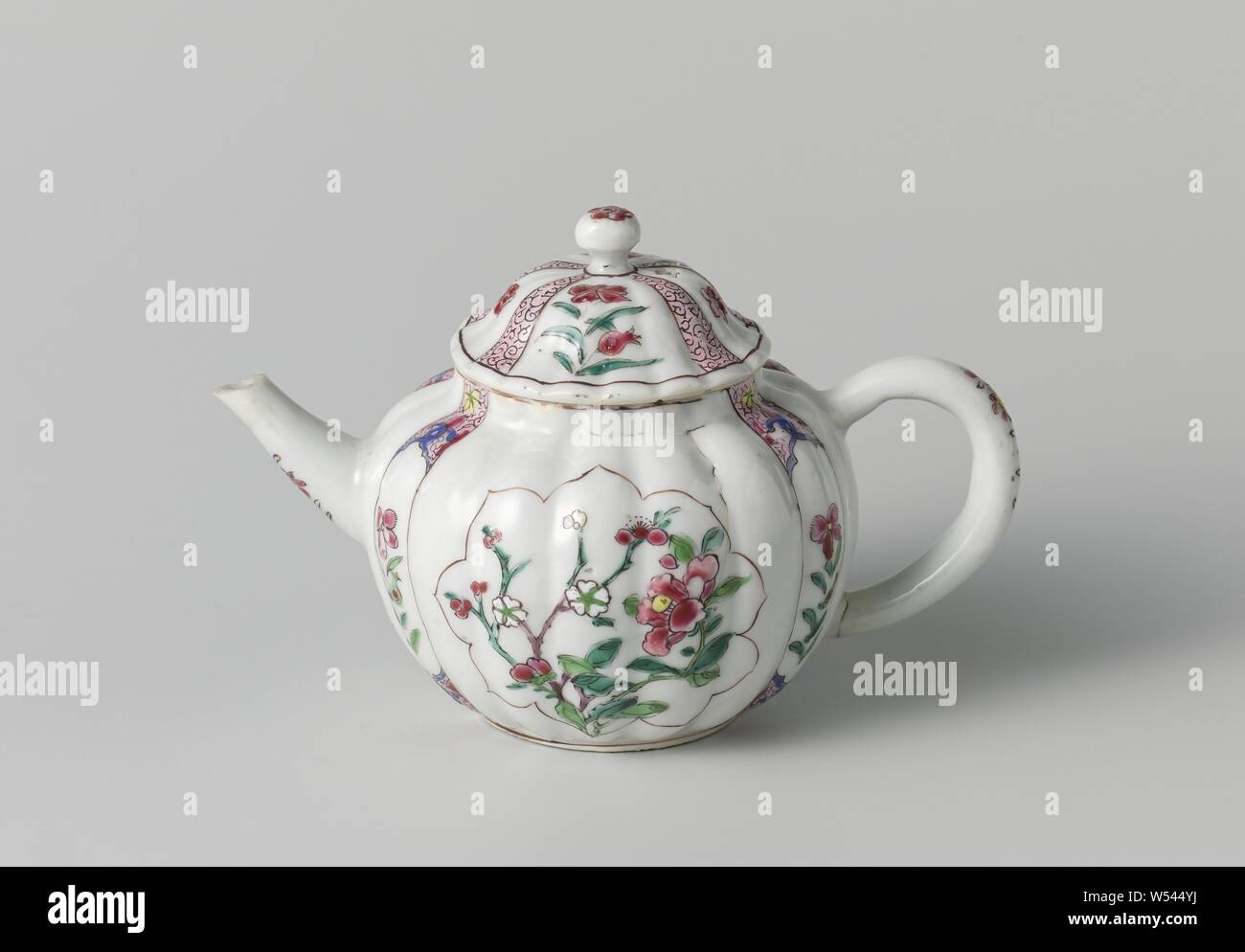 Fluted tea pot with flower sprays in panels, Ribbed porcelain teapot ...
