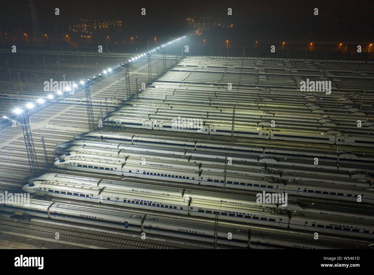 Aerial view of CRH (China Railway High-speed) bullet trains in full ...