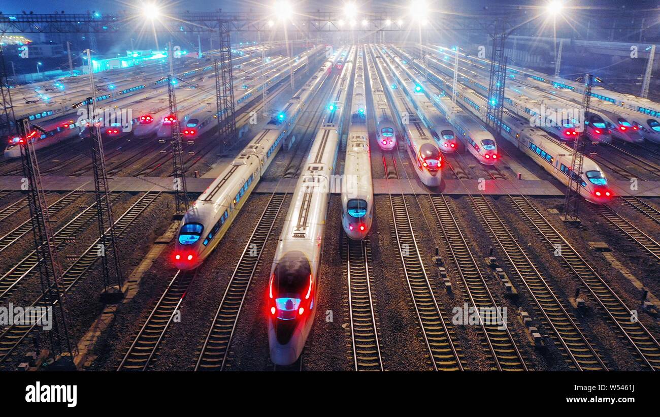 Aerial view of CRH (China Railway High-speed) bullet trains in full ...