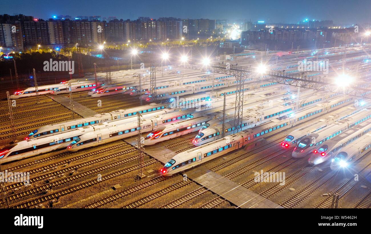 Aerial view of CRH (China Railway High-speed) bullet trains in full ...
