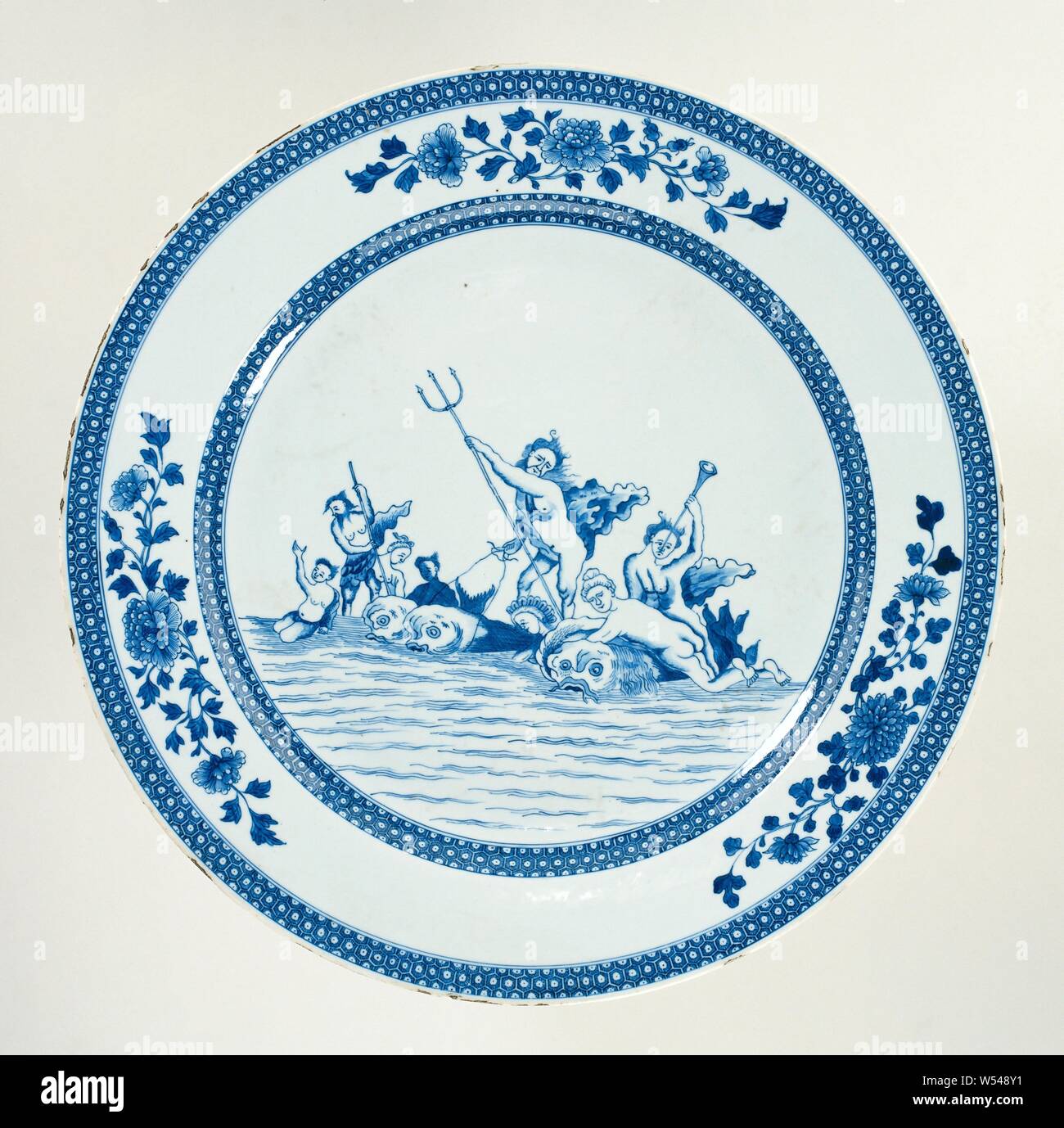 Dish with an image of Neptune, Porcelain dish, painted in underglaze ...