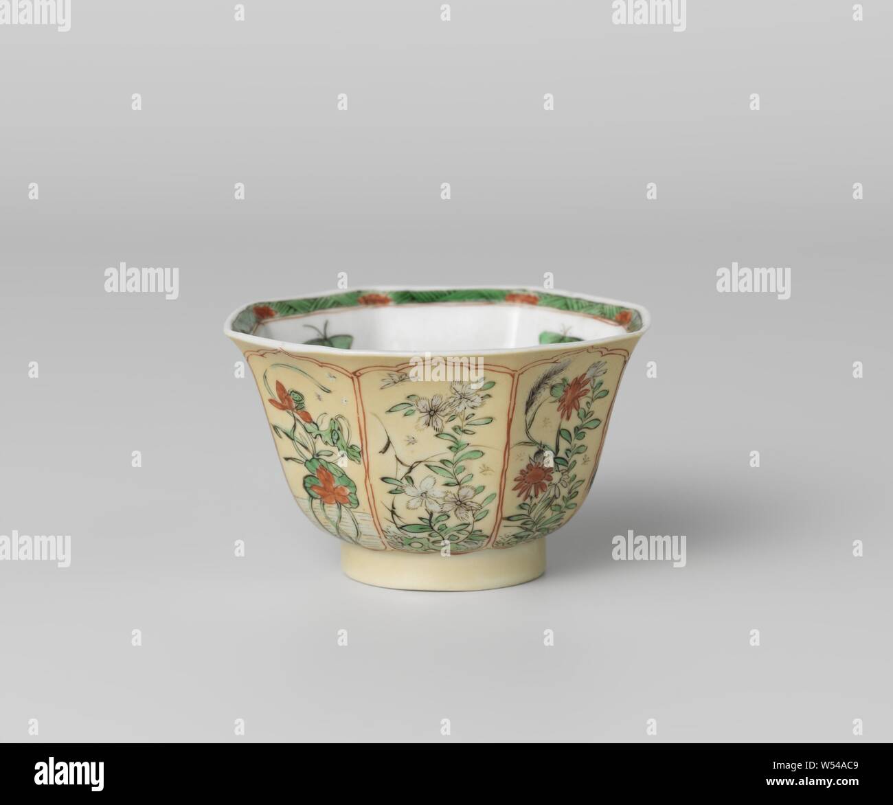 Octagonal cup with light brown, animals and flower sprays, Octagonal ...