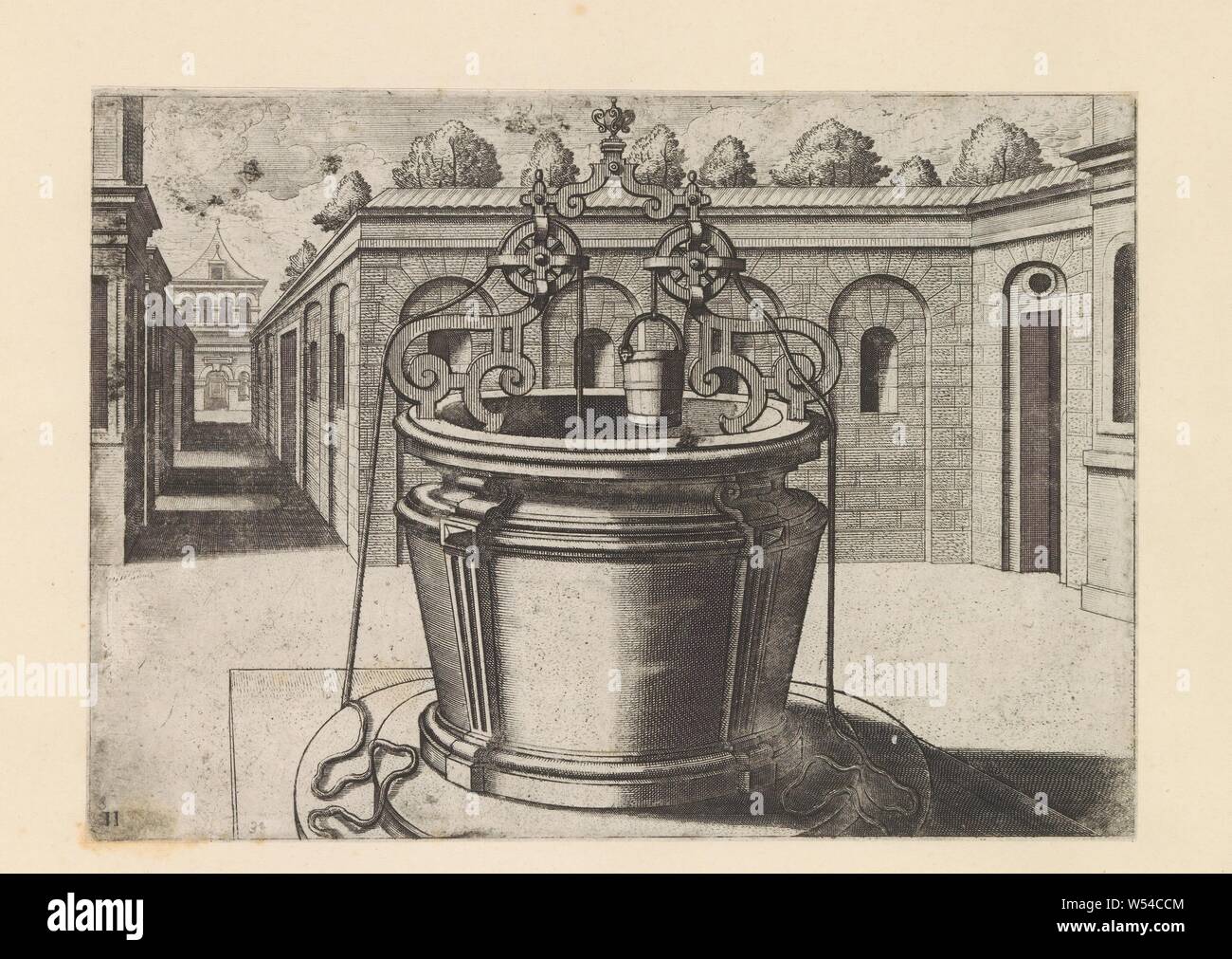 Round well on a square in front of a walled garden Water wells (series ...