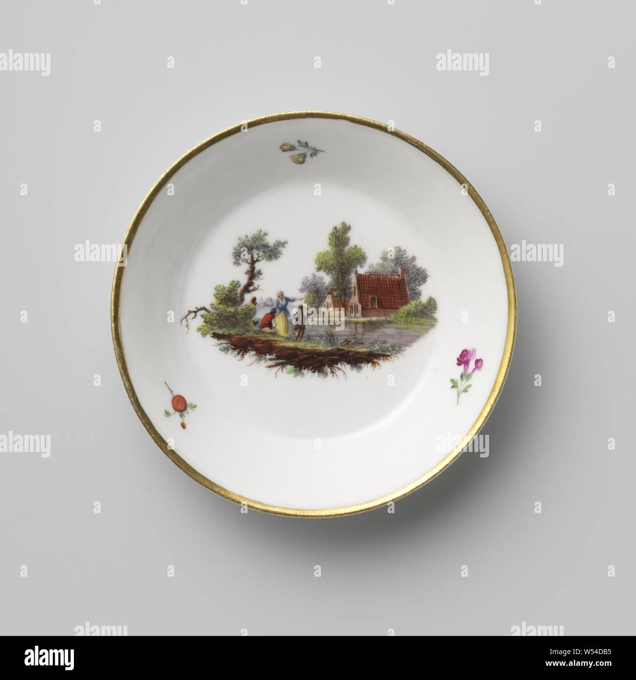 Dish painted with a river landscape with farms and figures, Porcelain ...